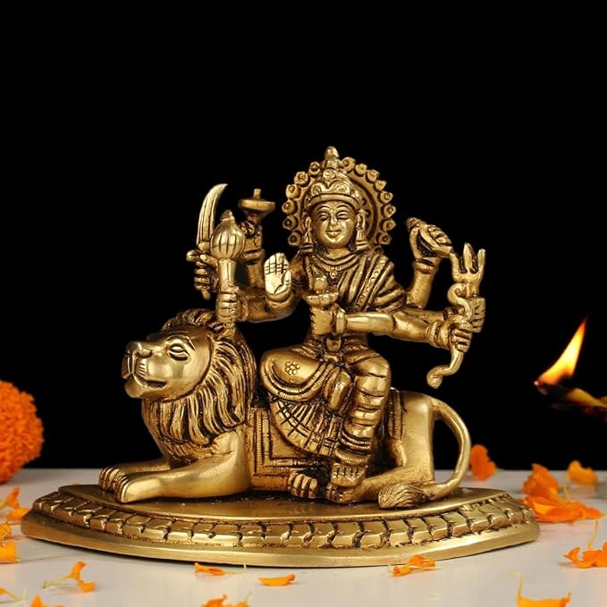 Indicast Brass Maa Durga Idol Sitting on Lion Maa Sherwali Murti for H ...